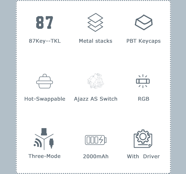 คีย์บอร์ดเกมมิ่ง Ajazz AKC087 87Key TKL Steel-Stacked Body Frame Yellow Switch Mechanical ...
