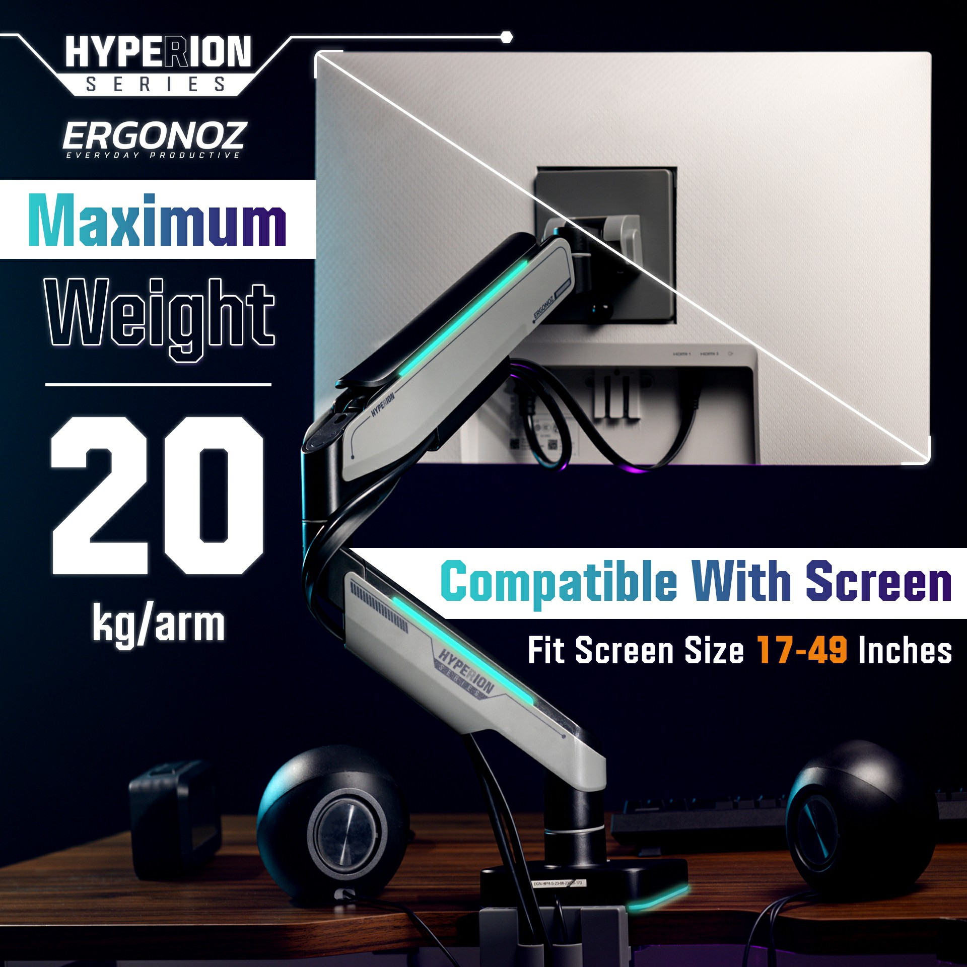 ERGONOZ Hyperion Heavy Duty RGB Monitor Arm แขนจับจอ ขาตั้งจอคอมพิวเตอร์ รุ่น HYPERION จอ49นิ้ว ...