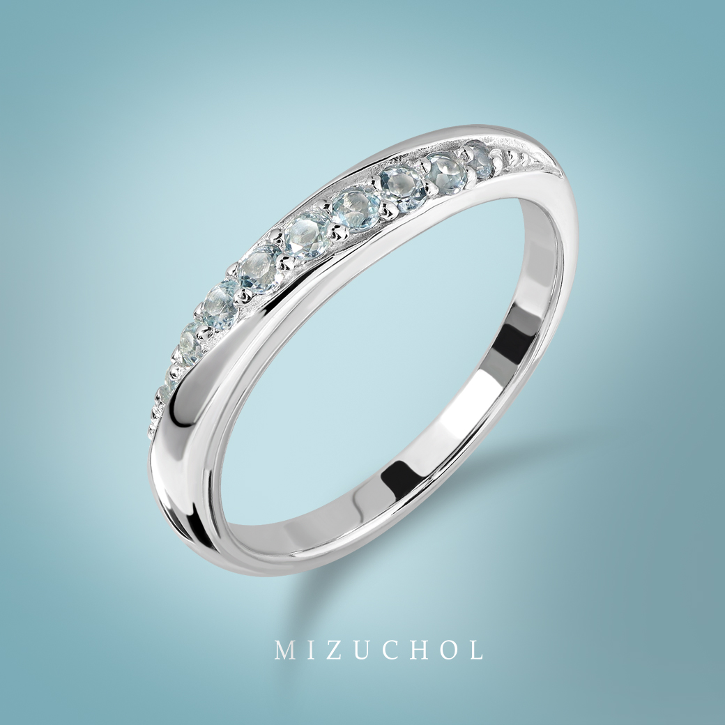 Mizuchol-แหวนเงินแท้ชุบทองคำขาว Ocean Glisten Band Ring - พลอย Sky Blue ...