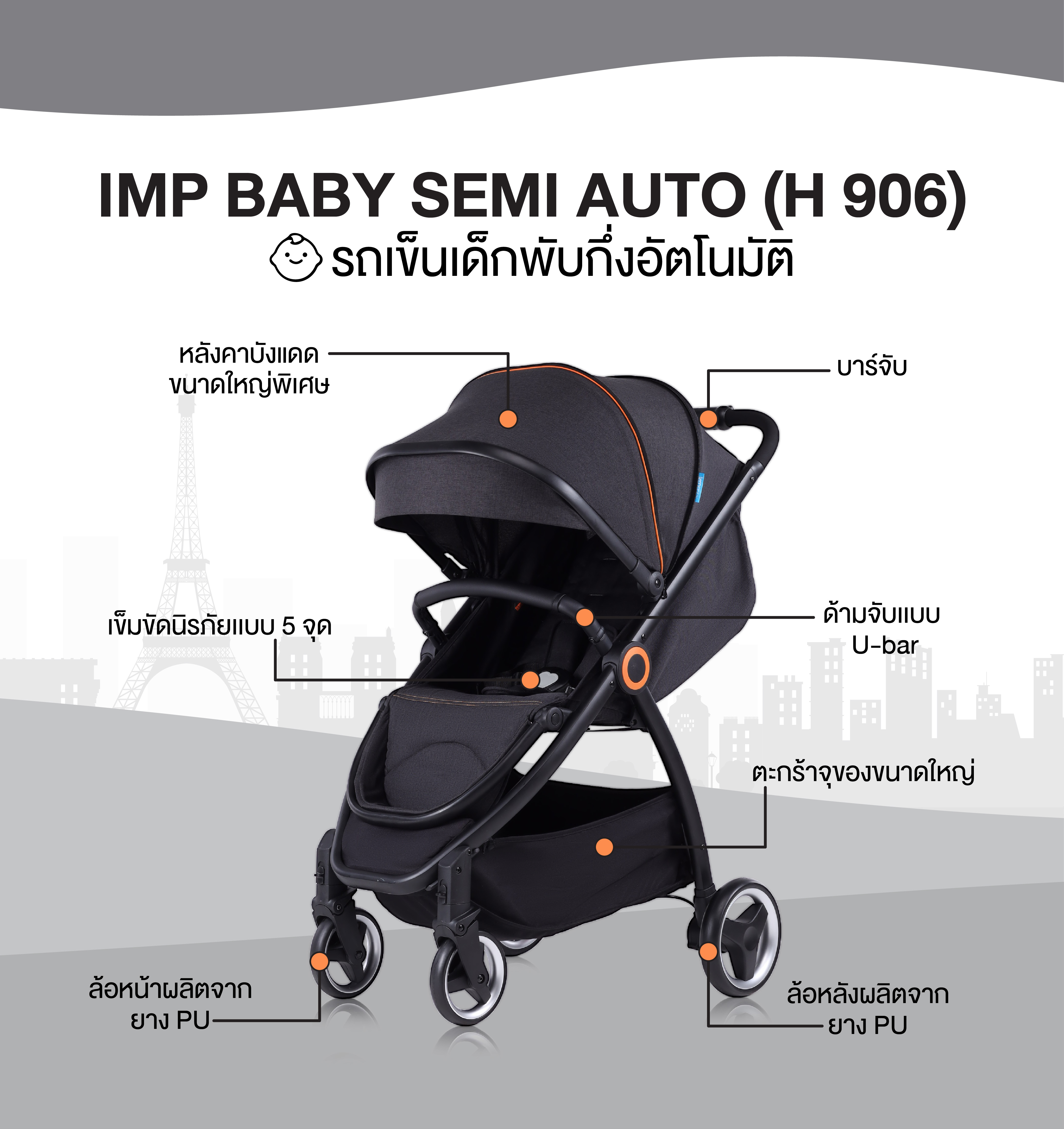 IMP BABY รุ่น SEMI AUTO (H 906) รถเข็นเด็กพับกึ่งอัตโนมัติ แบรนด์จาก ...
