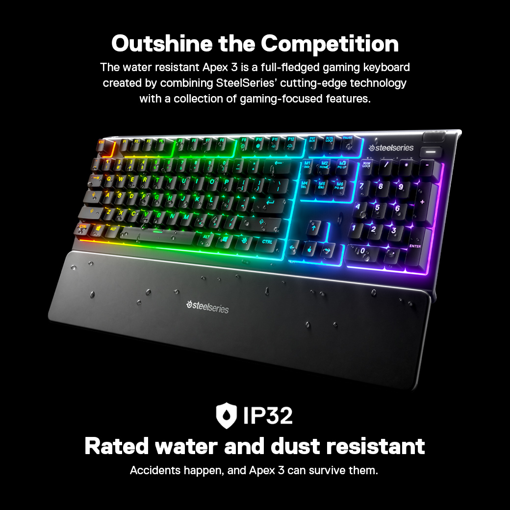SteelSeries Apex 3 RGB Gaming Keyboard คีบอร์ดเกมมิ่ง ไฟ RGB ปุ่มกดเสียงเงียบ ปุ่ม US-TH ...