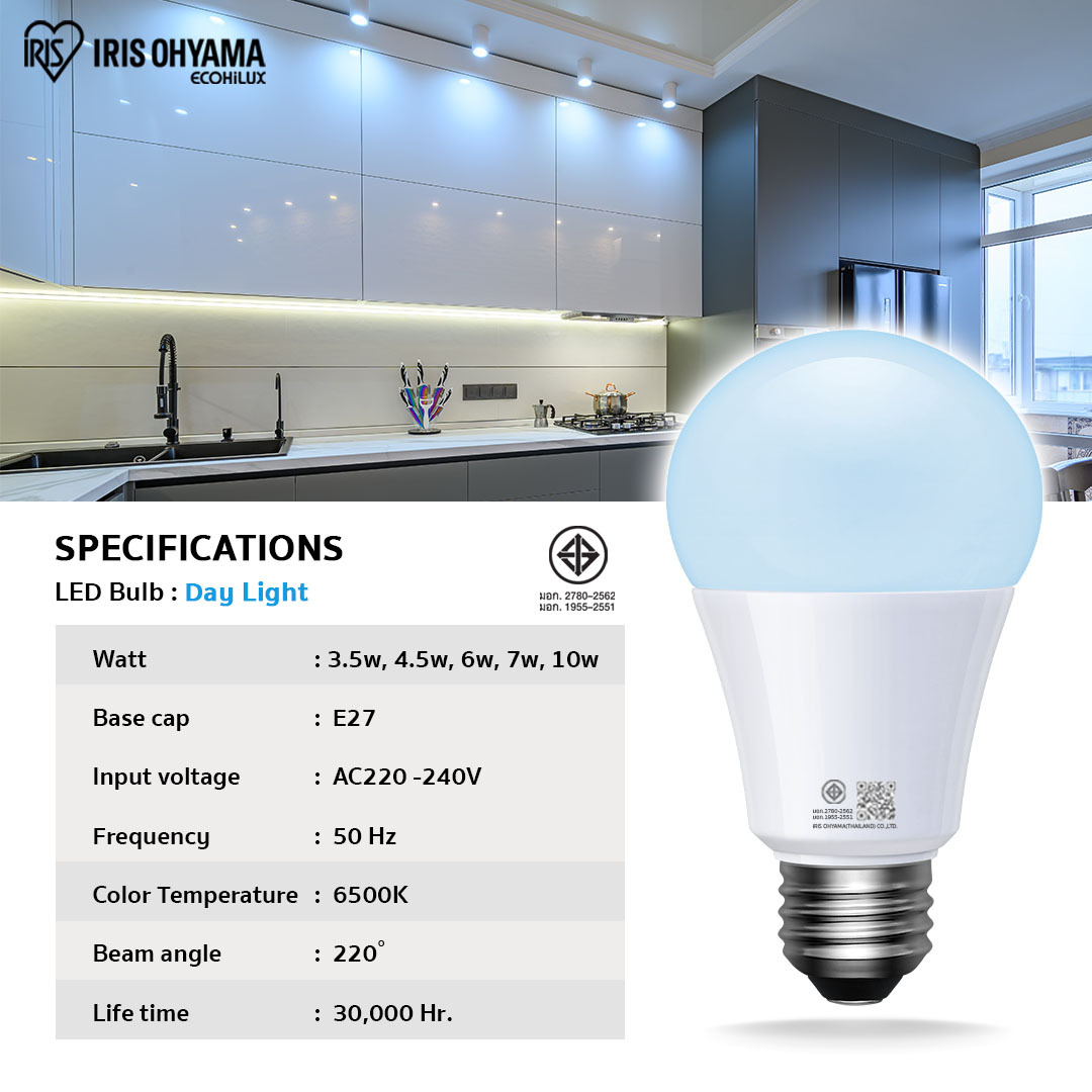 IRIS OHYAMA หลอดไฟ LED bulb Daylight ไฟ LED 6500K ขั้ว E27 3.5W 4.5W 6W 7W 10W ใช้ได้นาน15 ปี ...
