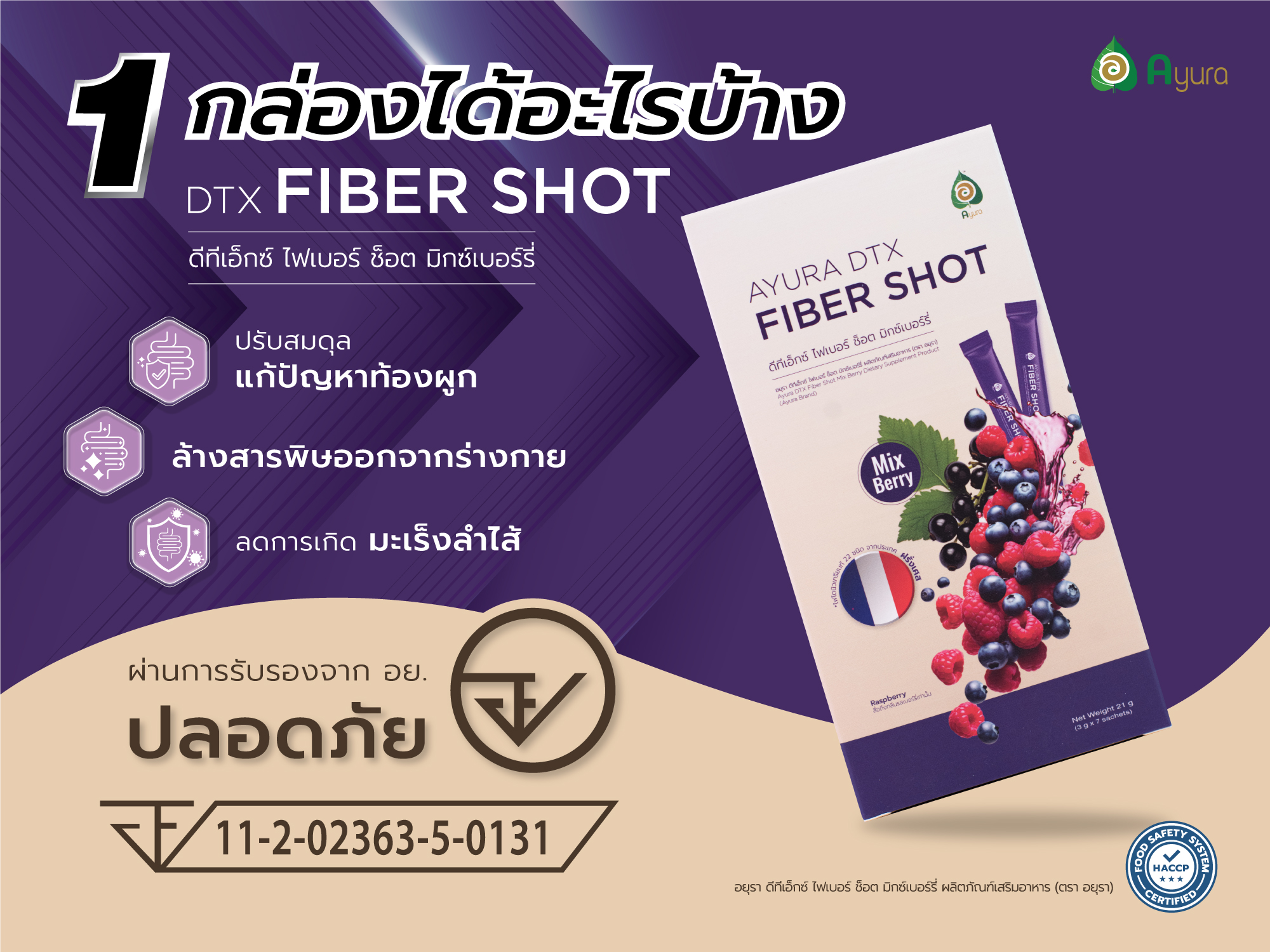 Ayura DTX Fiber Shot อยุรา ไฟเบอร์ช็อต มิกซ์เบอร์รี่ 7 sachets (7 ซอง/กล่อง) | Shopee Thailand