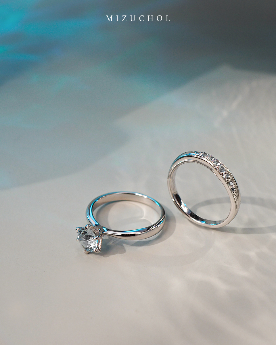 Mizuchol-แหวนเงินแท้ชุบทองคำขาว Ocean Glisten Band Ring - พลอย Sky Blue ...