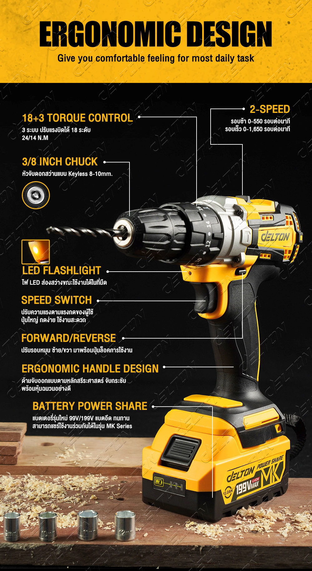 DELTON สว่านไร้สาย 3 ระบบ 199V รุ่น MKT-99P สำหรับใช้งานร่วมกับแบตเตอรี่ Power Share กลุ่ม MK ...