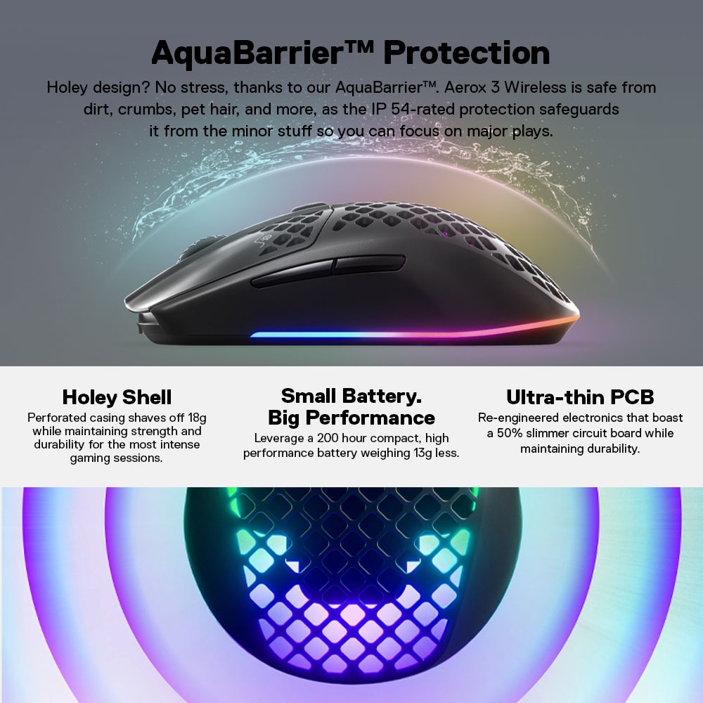 SteelSeries Aerox 3 Wireless Gaming Mouse เม้าส์เกมมิ่งไร้สาย 18,000 CPI กันน้ำกันฝุ่น IP54 ...