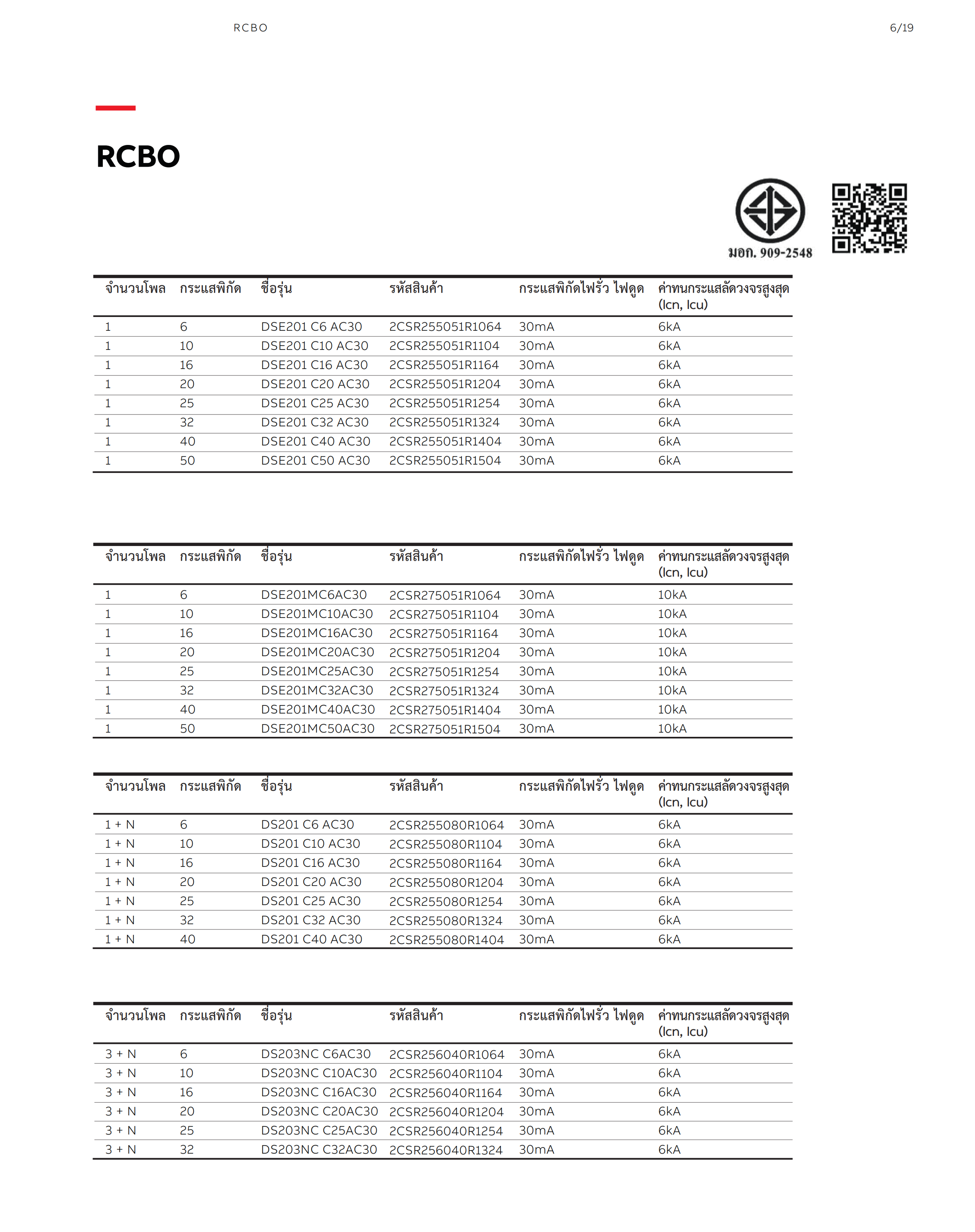 ABB เบรกเกอร์กันดูด RCBO DS203NC 32A AC30 3P+N 10kA ป้องกันไฟลัดวงจร ...