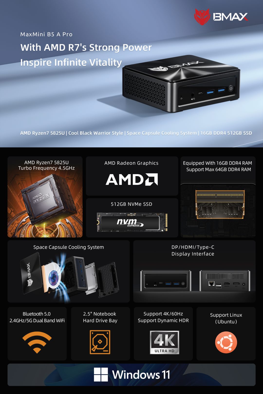 🇹🇭 (2025) BMAX B5A Pro Mini PC มินิ พีซี Windows11 AMD Ryzen7 5700U 8C ...