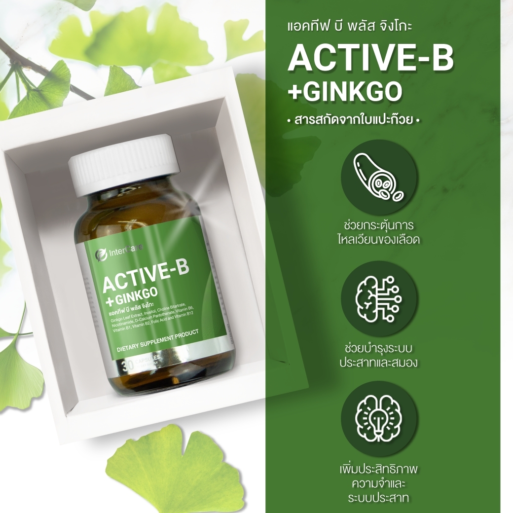 InterCare Active-B Plus Ginkgo แอคทีฟบีพลัสจิงโกะ บำรุงสมองเพิ่มความจำ สกัดจากใบแปะก๊วย วิตามินบ ...