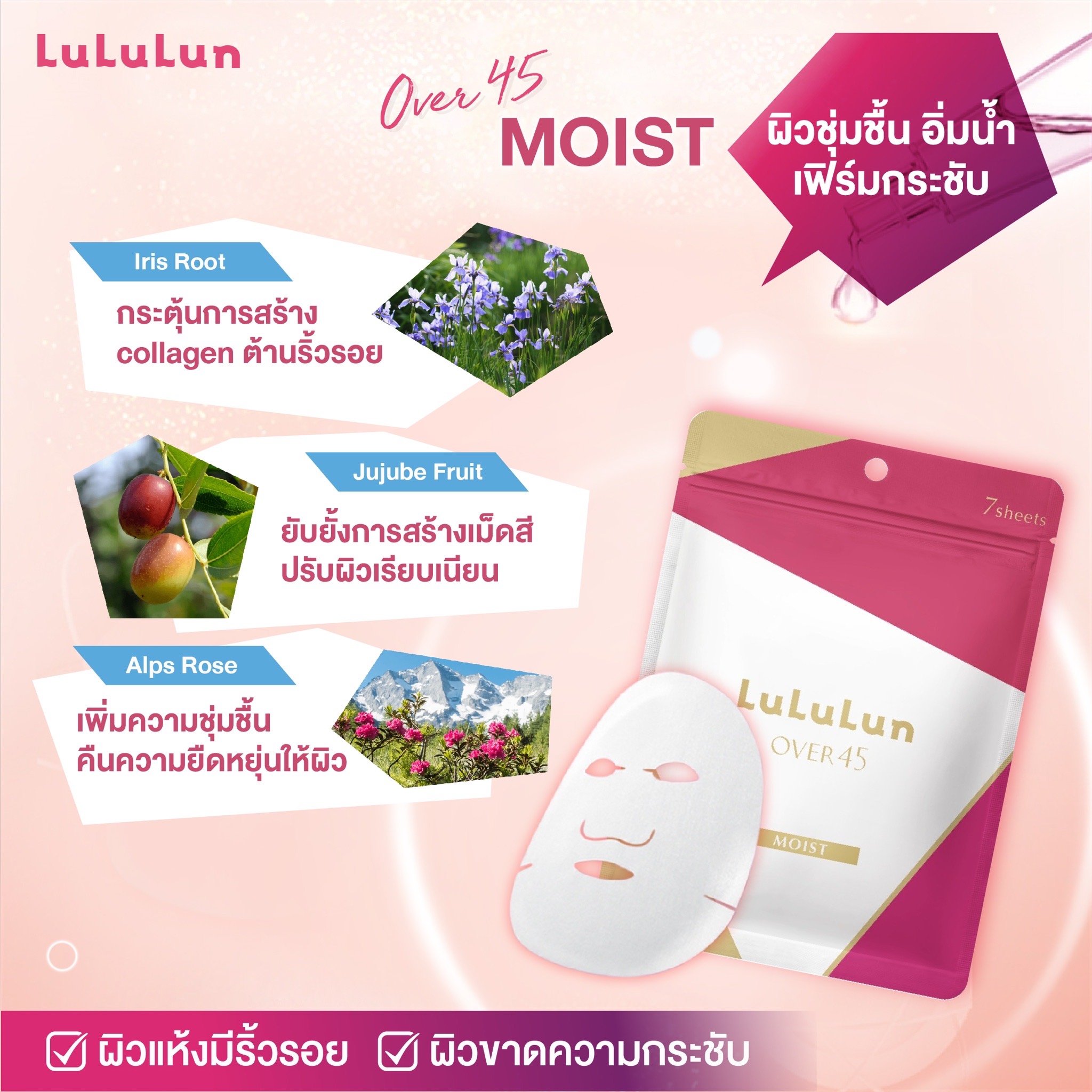(ซอง 7 แผ่น) LuLuLun O45 Moist Face Mask ลูลูลูน แผ่นมาสก์หน้า สูตรลดริ้วรอย ผิวเปล่งประกาย ...