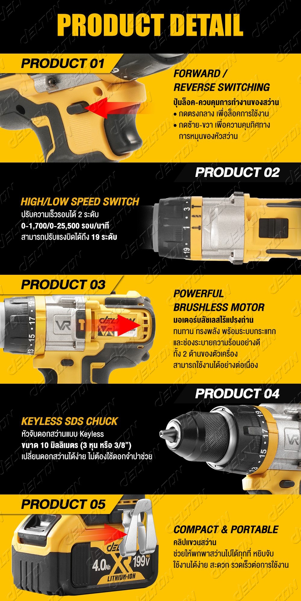 DELTON สว่านไร้สาย 3 ระบบ 199V มอเตอร์ไร้แปรงถ่าน Brushless Motor แบตเตอรี่พาวเวอร์แชร์ VR ...