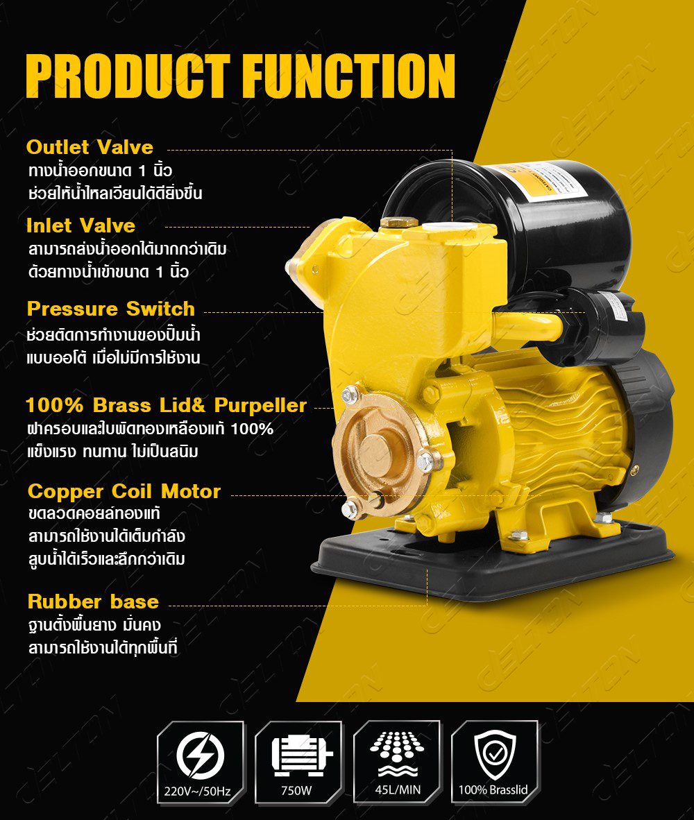 DELTON ปั๊มน้ำออโต้ PRO-X Series 750W รุ่นใหม่ DTPS-180 แรงขึ้น ประหยัด ...