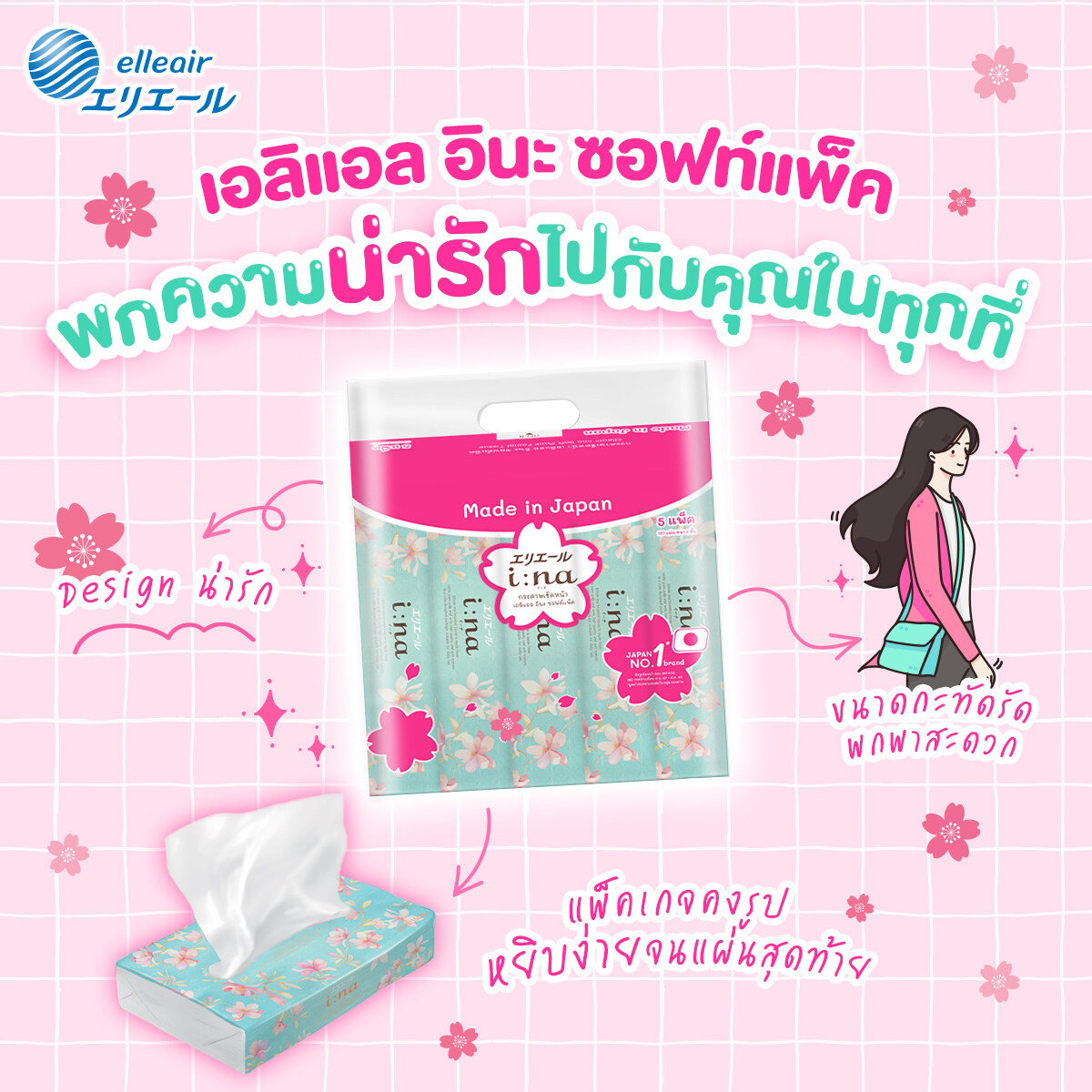 Elleair i:na Tissue เอลิแอล อินะ ทิชชู่ 150 แผ่น แพ็ค 20 (ขายยกลัง ...