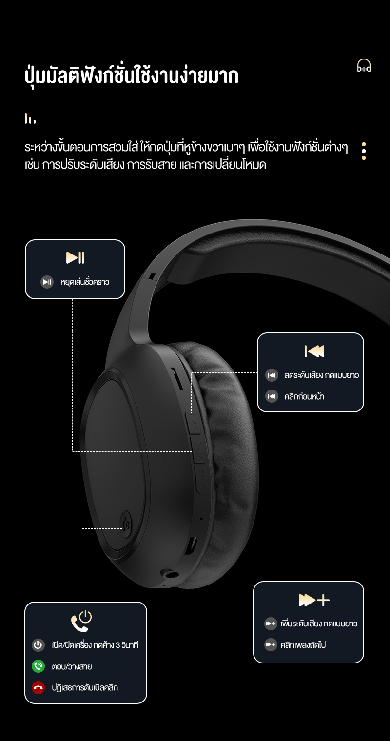 KIVEE หูฟังครอบหู headphone bluetooth หูฟังไร้สาย HIFI หูฟังตัดเสียงรบ ...