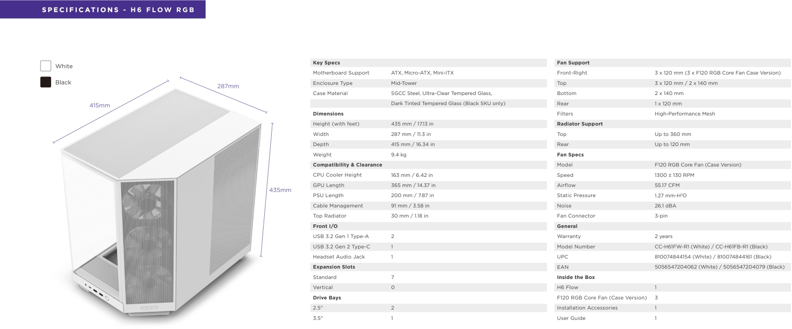 NZXT CASE H6 FLOW RGB BLACK : CC-H61FB-R1 | Shopee Thailand