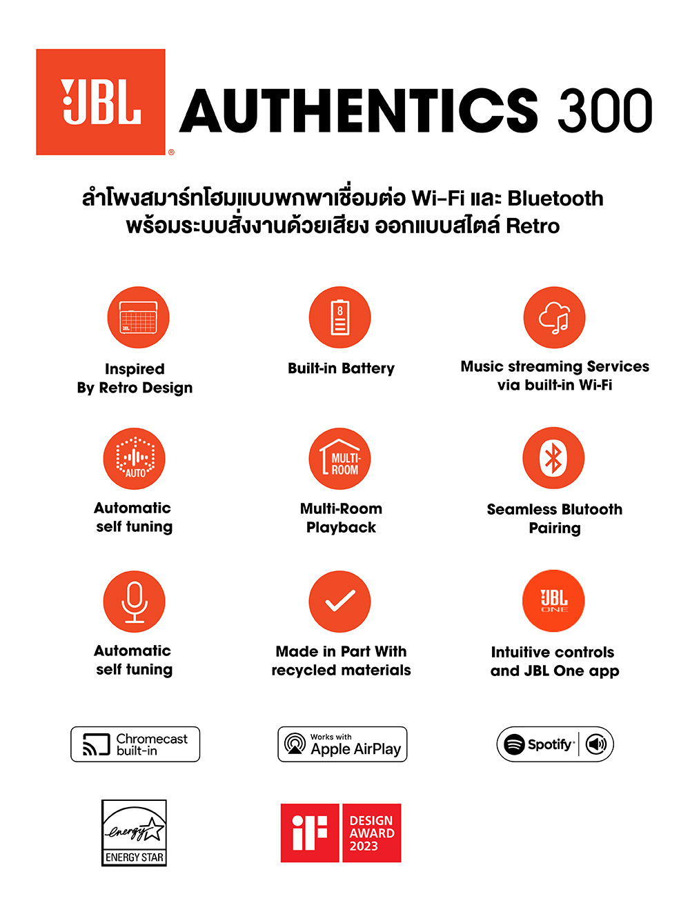 JBL Authentics 300 ลำโพงสมาร์ทโฮมเชื่อมต่อ Wi-Fi และ Bluetooth ออกแบบสไตล์ Retro มีแบตในตัว ใช้ ...