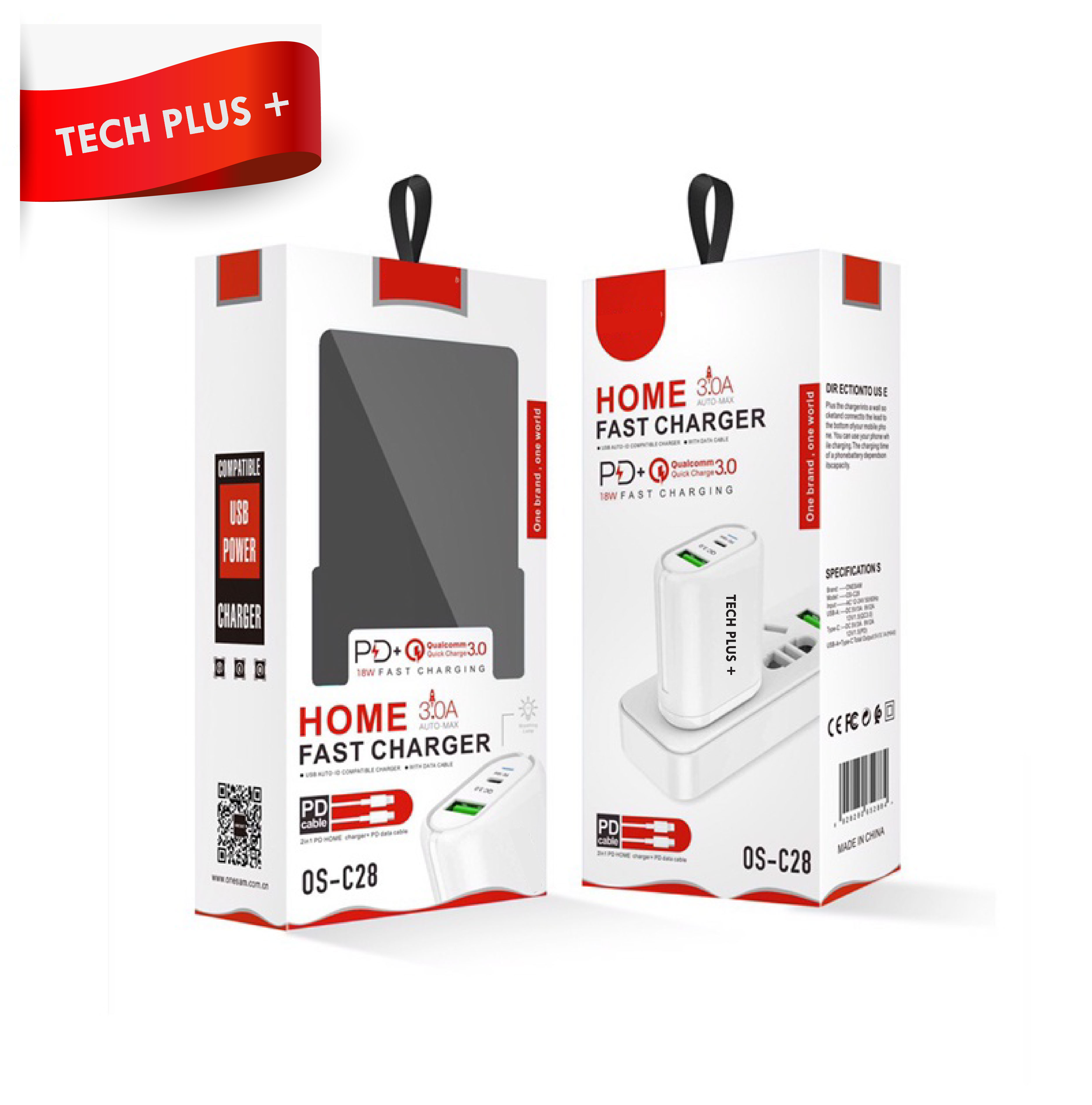 TechPlus อแดปเตอร์ชาร์จแบต รุ่น OS-C28 Fast Charging ช่องชาร์จ 2 ช่อง PD 18W และ USB QC 3.0 รับ ...