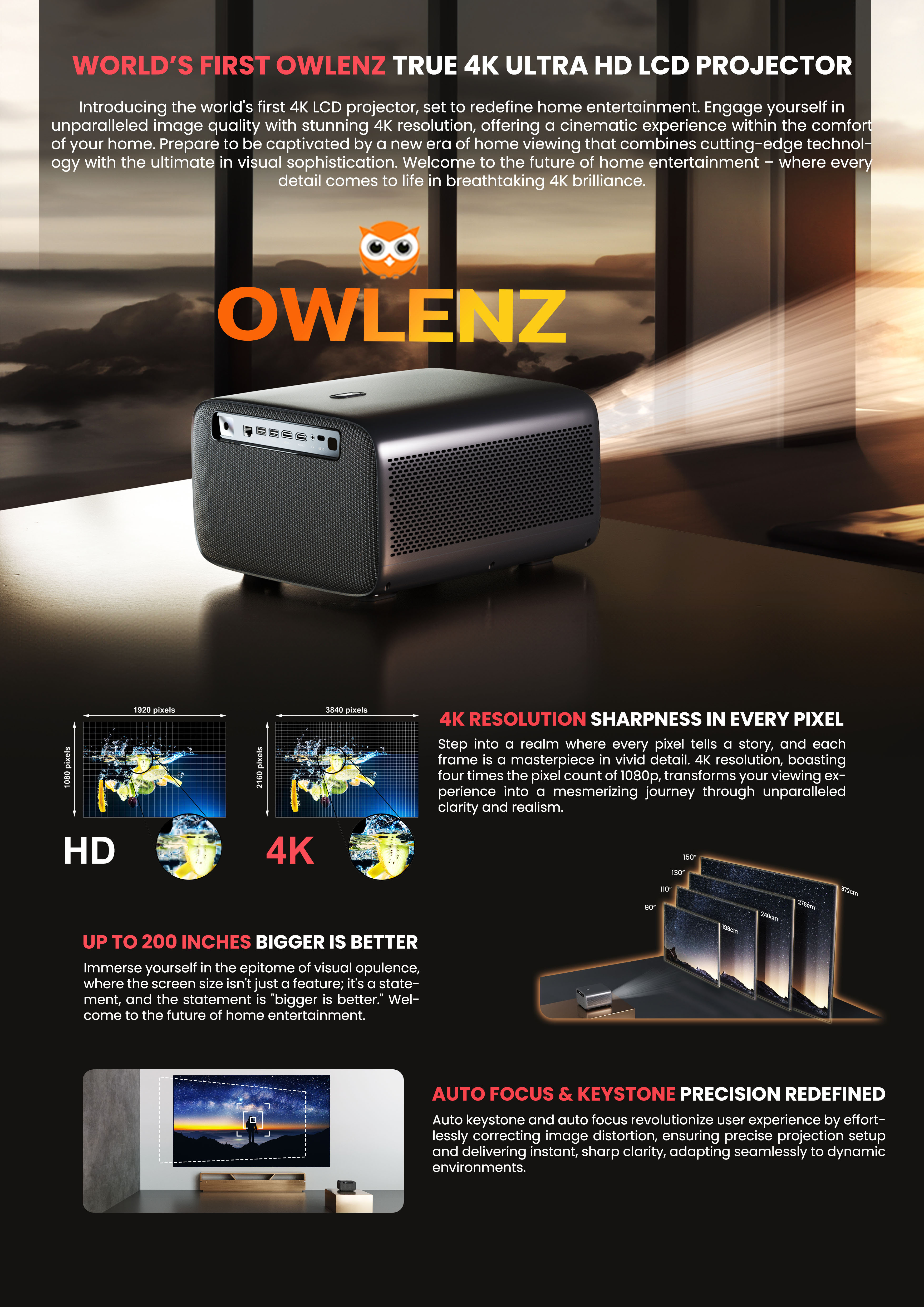 [พร้อมส่ง][NEW]โปรเจคเตอร์ OWLENZ X Cloud-D Z1 ภาพ 4K แท้ Real-Native 4K แท้ สว่าง 1200 ANSI Ram ...