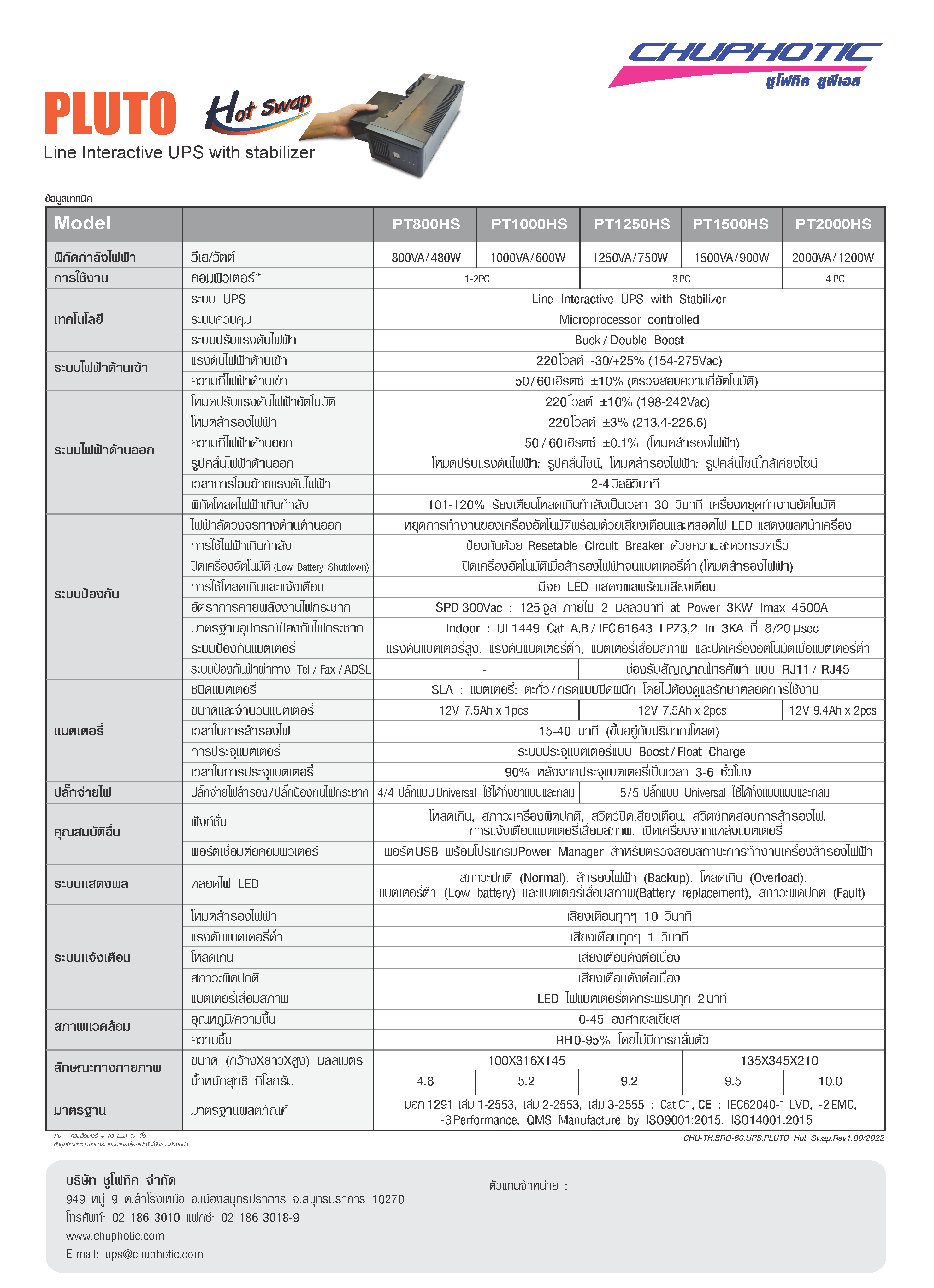 เครื่องสำรองไฟ CHUPHOTIC PLUTO HOT SWAP PT800HS (800VA/480W) | Shopee Thailand