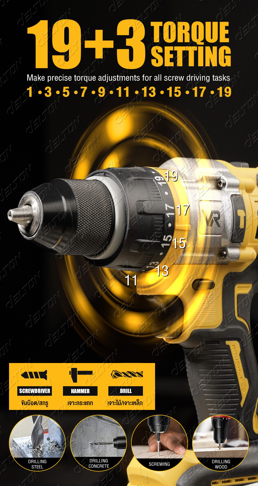 DELTON สว่านไร้สาย 3 ระบบ 199V มอเตอร์ไร้แปรงถ่าน Brushless Motor แบตเตอรี่พาวเวอร์แชร์ VR ...