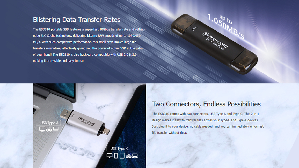 Transcend External SSD smallest 512GB ESD310C USB Type A and USB Type C ...