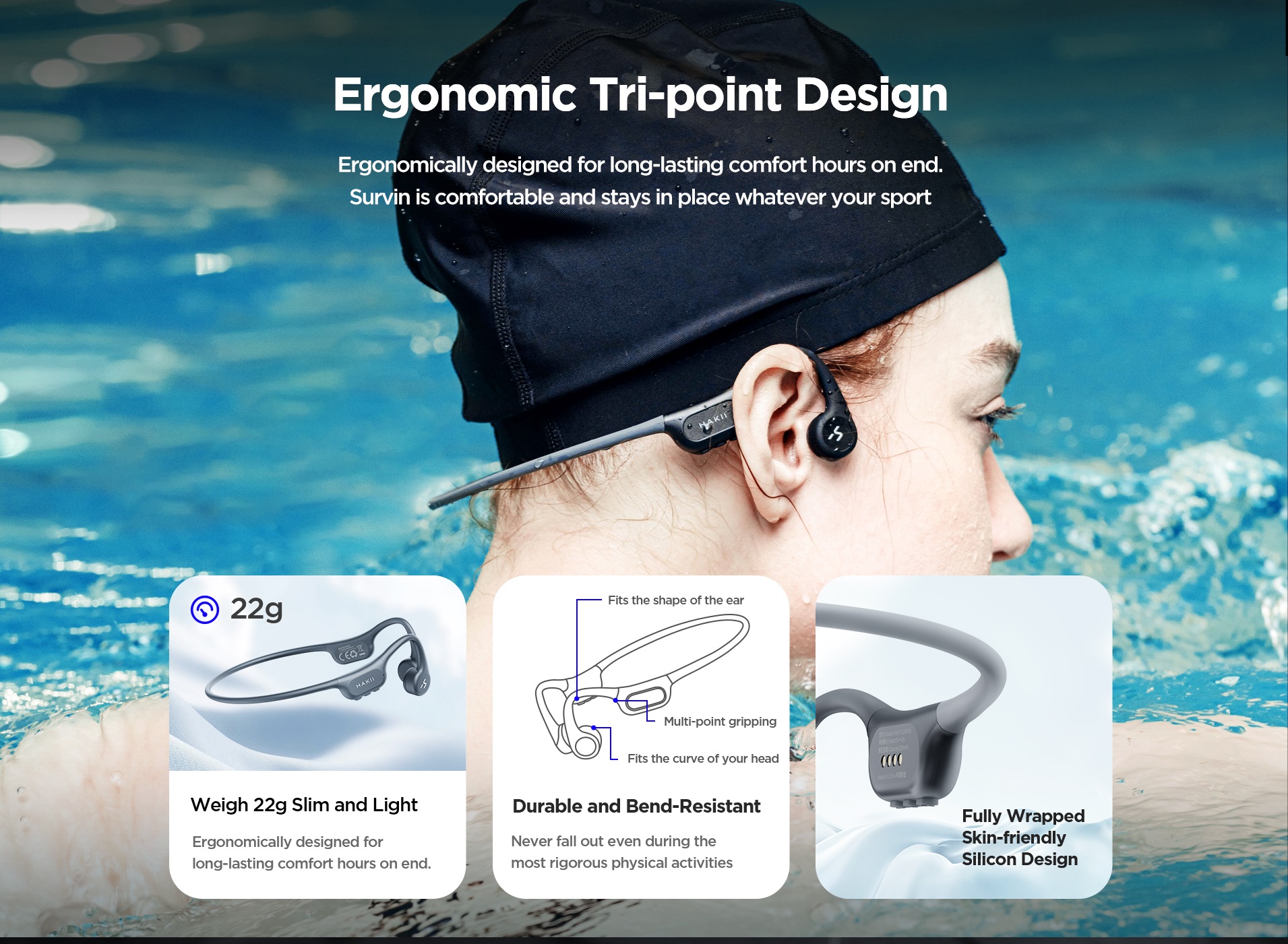 Hakii รุ่น Survin หูฟังสำหรับว่ายน้ำ หูฟังบลูทูธ หูฟังออกกำลังกาย มีเมม ...
