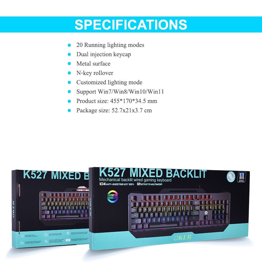 Oker Mechanical คีย์บอร์ดเกมมิ่งไฟเรืองแสงหัวเสียบ USB รุ่น K527 (blue switch) | Shopee Thailand