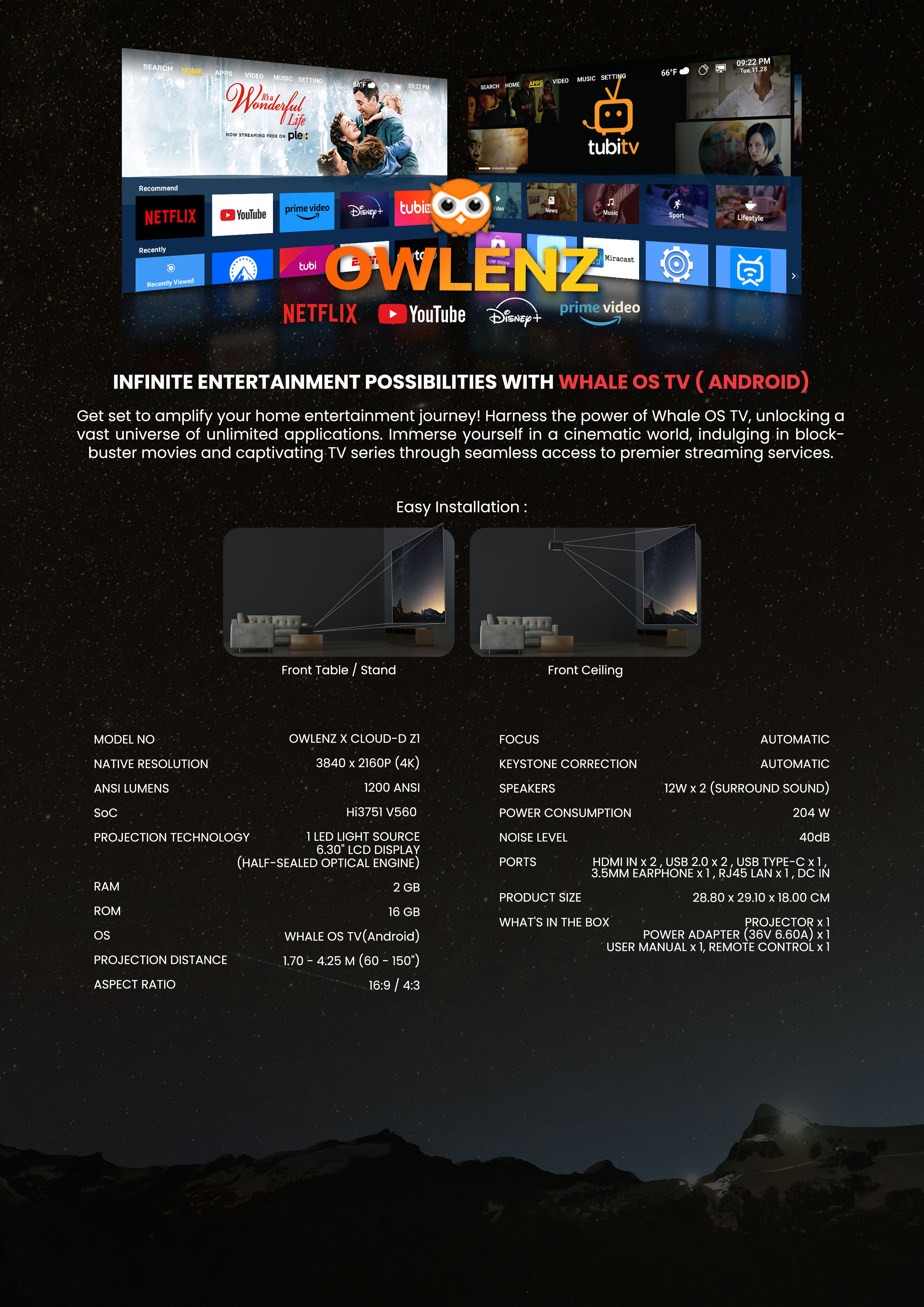 [พร้อมส่ง][NEW]โปรเจคเตอร์ OWLENZ X Cloud-D Z1 ภาพ 4K แท้ Real-Native 4K แท้ สว่าง 1200 ANSI Ram ...