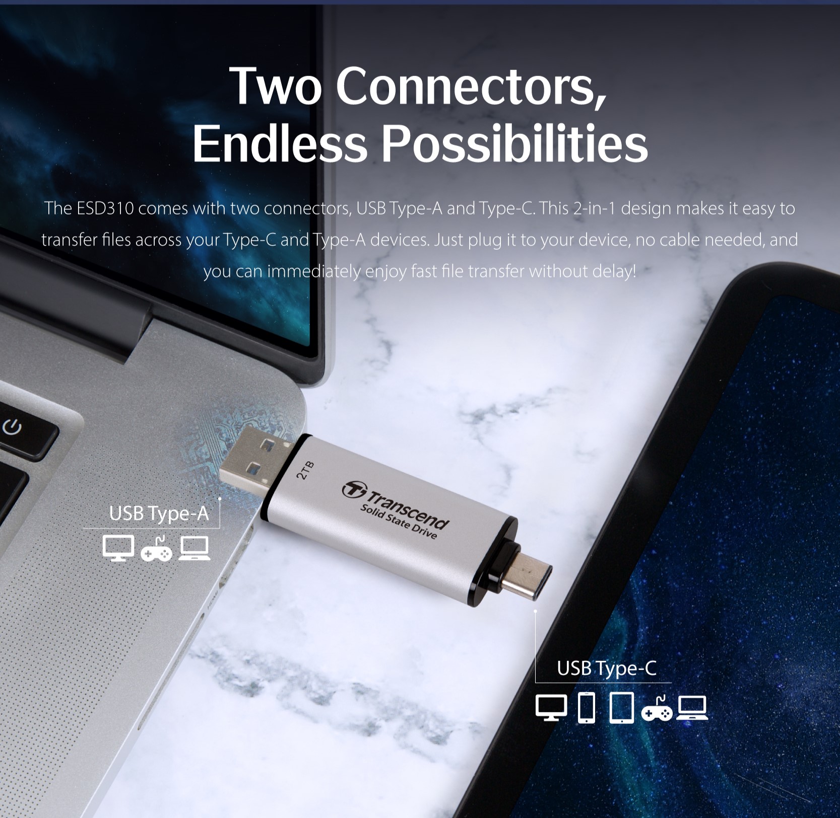 Transcend External SSD smallest 1TB : ESD310P : Type-A and Type-C ...