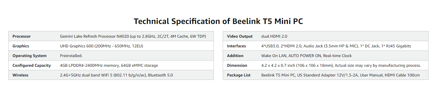 [Official ศูนย์ไทย] Beelink T5 Mini PC, Celeron N4020 Mini Computer ...