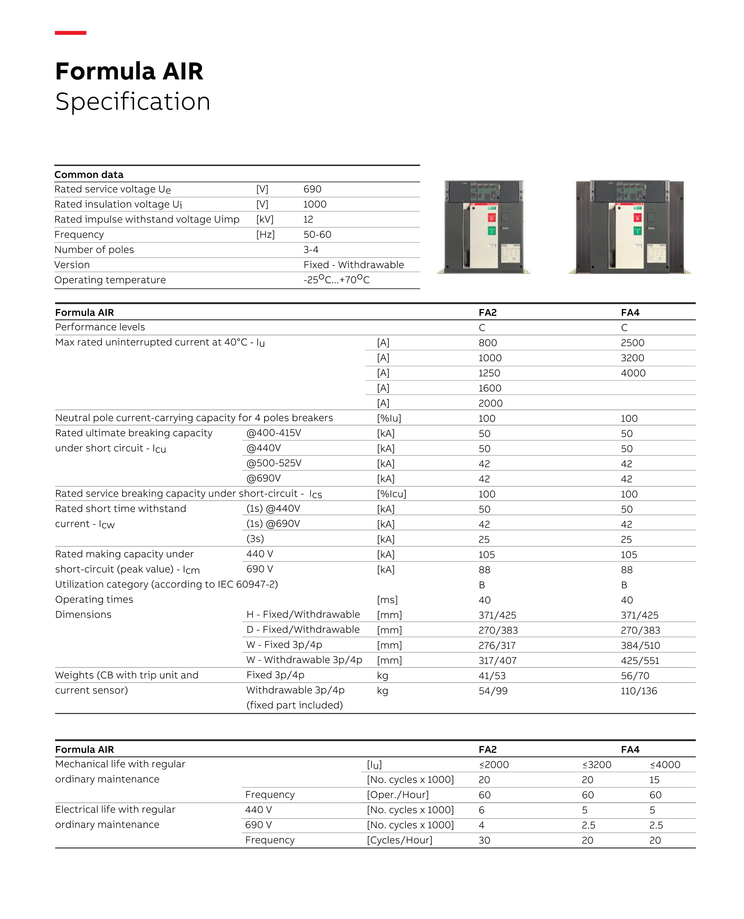 ABB ACB FA2C 2000 Ek1-LI 3P WMP 50kA Draw-Out Type Formula AIR Air ...