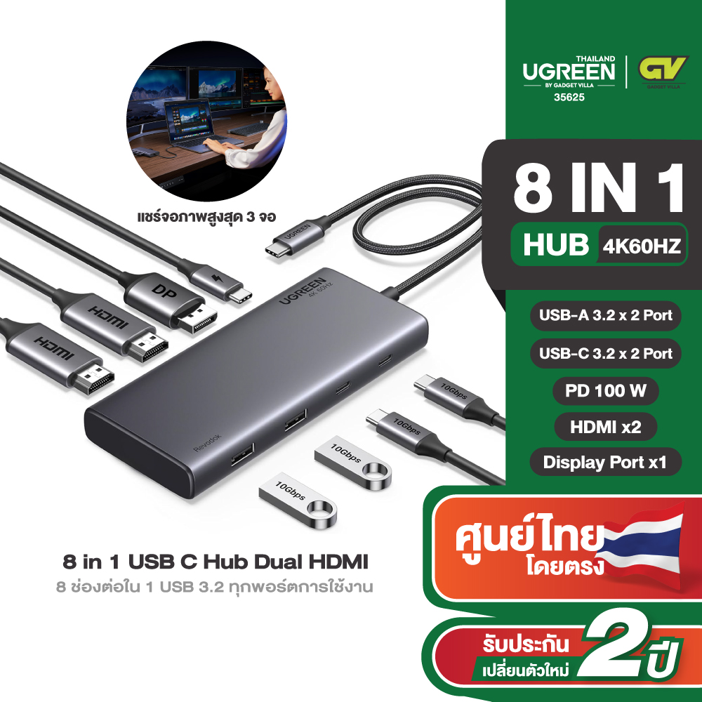 UGREEN รุ่น CM639 USB Hub Type C 8in1 4K60hZ Hdmi x2 DP, VGA x1 PD100w USB3.2 ทุก port โอนถ่าย ...
