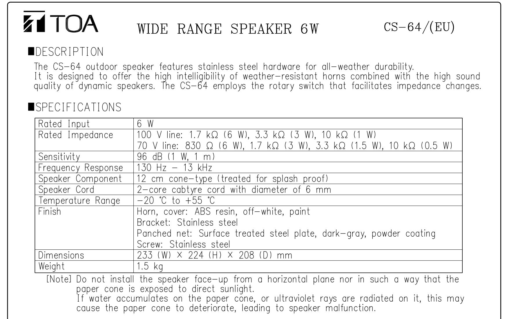 TOA CS-64 - ลำโพงกลางแจ้ง ใช้ได้ทุกสภาพอากาศ ชนิดมุมกว้าง ขนาด 6 วัตต์ ...