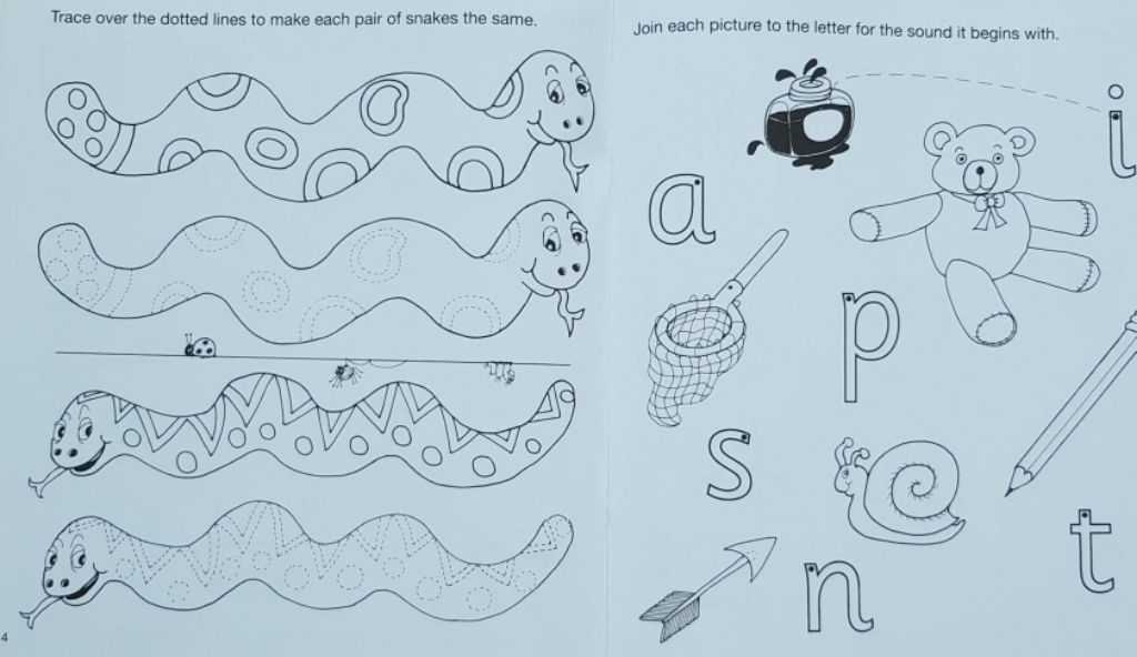 C Jolly phonics workbook #1 Group 1 - s, a, t, i, p, n: In Precursive ...