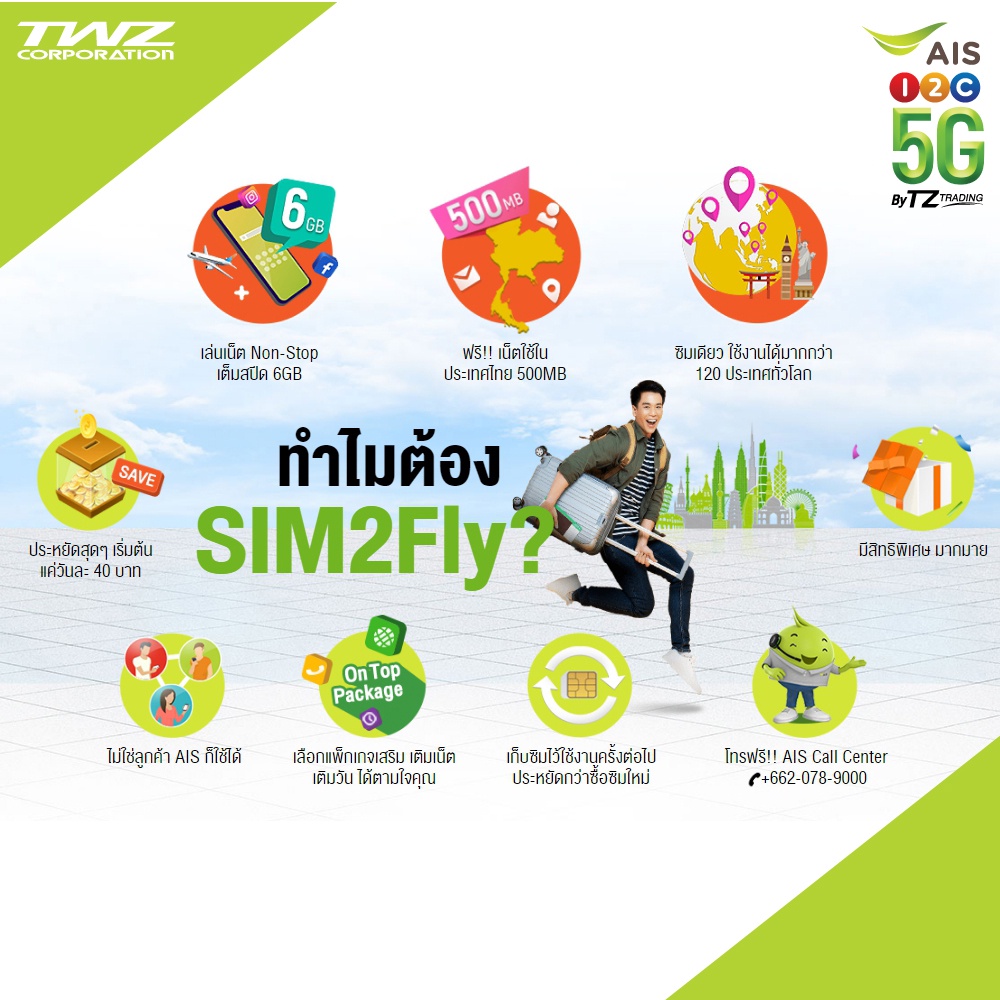 AIS SIM2FLY ซิมโรมมิ่ง Non-Stop เต็มสปีด 6GB นาน 10 วัน สำหรับทวีป ...