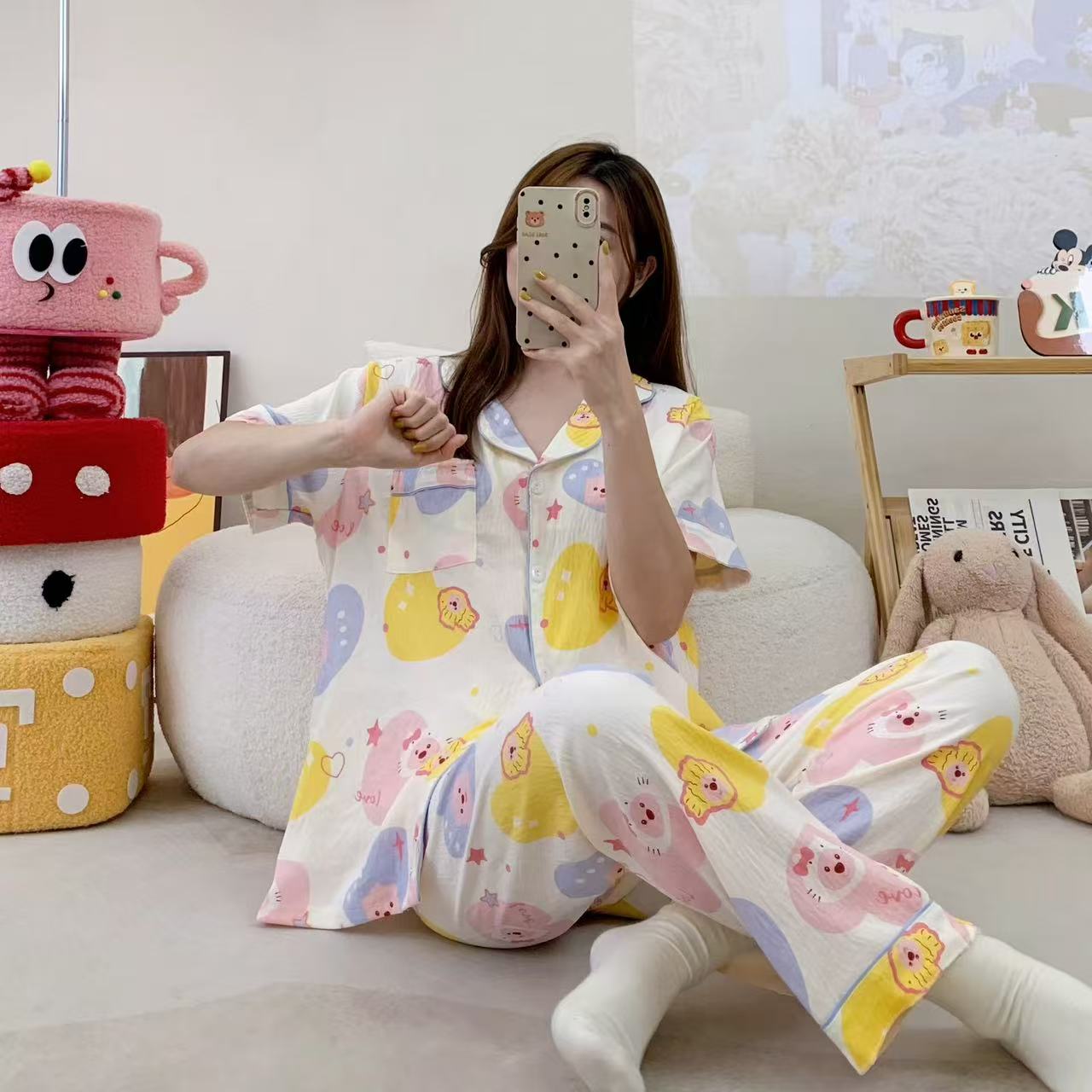 ชุดนอนผ้าไหมญี่ปุ่น อก44นิ้ว แขนสั้น+ขายาว ลวดลายน่ารัก ผ้าเนื้อนุ่ม ...