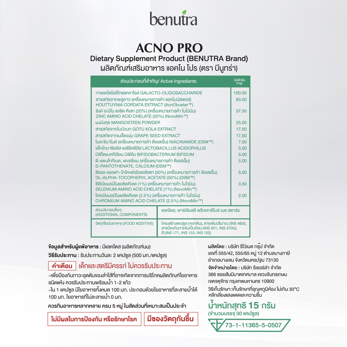 (วิตามินจบสิววนลูป) Benutra Acno Pro อาหารเสริม บีนูทร่า ฝาเขียวจบลูป ...