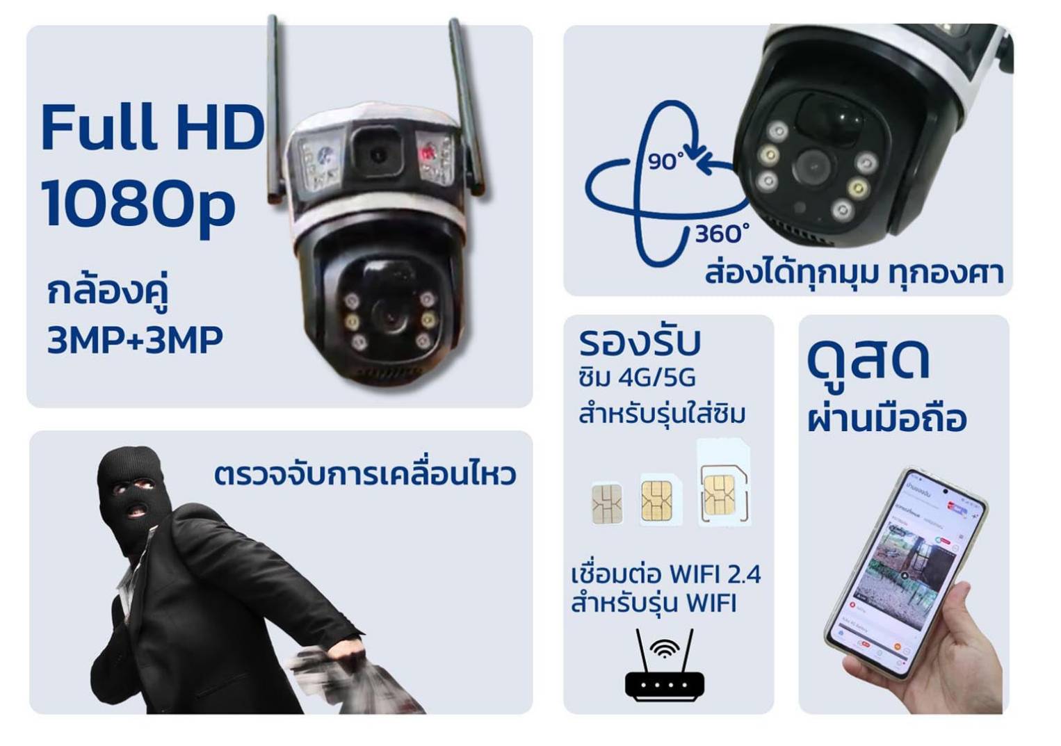 Ajiko กล้องวงจรปิดโซล่าเซลล์4G เลนส์คู่3MP ดูผ่านมือถือ กล้องวงปิดไวไฟ ...