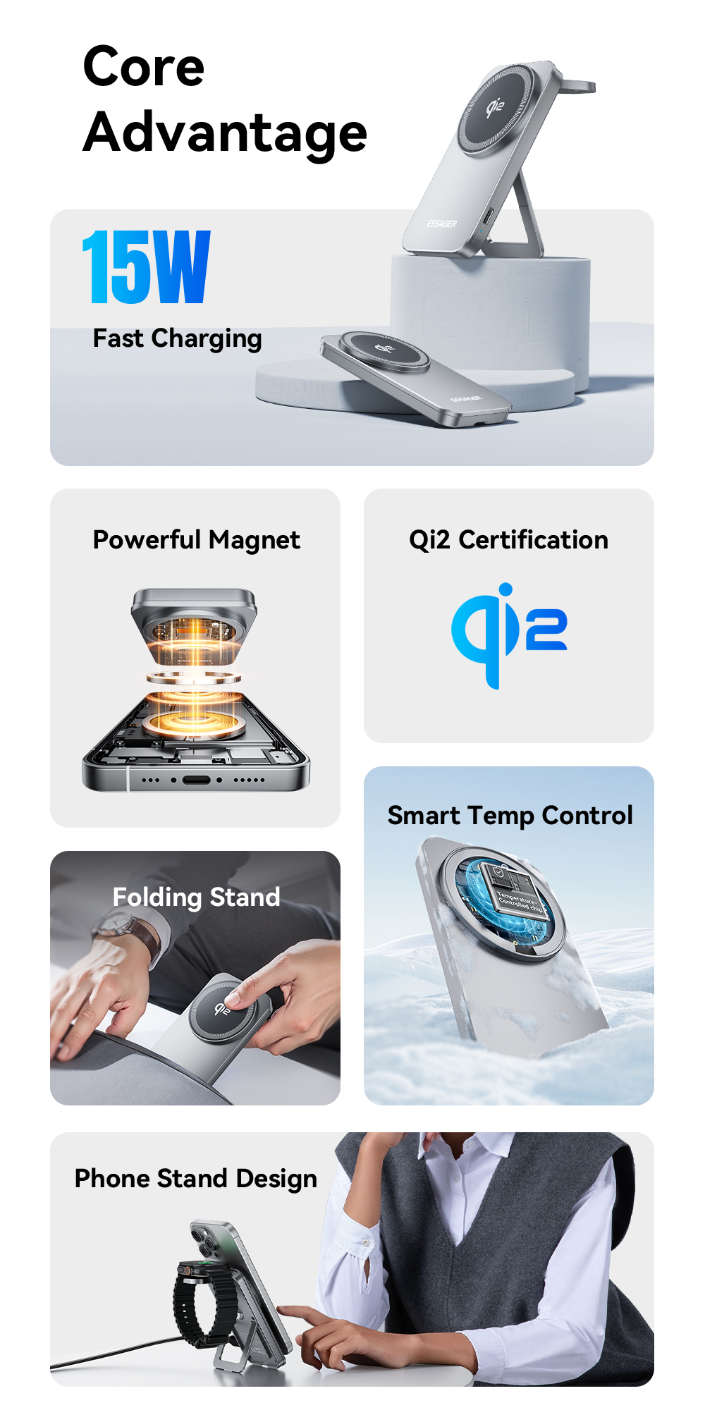 Essager 15W Qi2 แท่นชาร์จไร้สายแบบตั้งโต๊ะ 2-in-1 (พร้อมแผ่นแม่เหล็ก ...