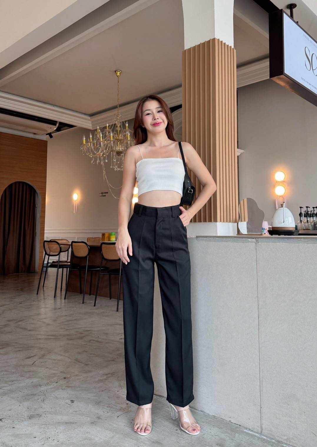 B2 กางเกงใส่ทำงานผู้หญิงเอวสูงทรงขากระบอกกลาง (ซิปด้านหน้า มีกระเป๋า 2 ข้าง) | Shopee Thailand