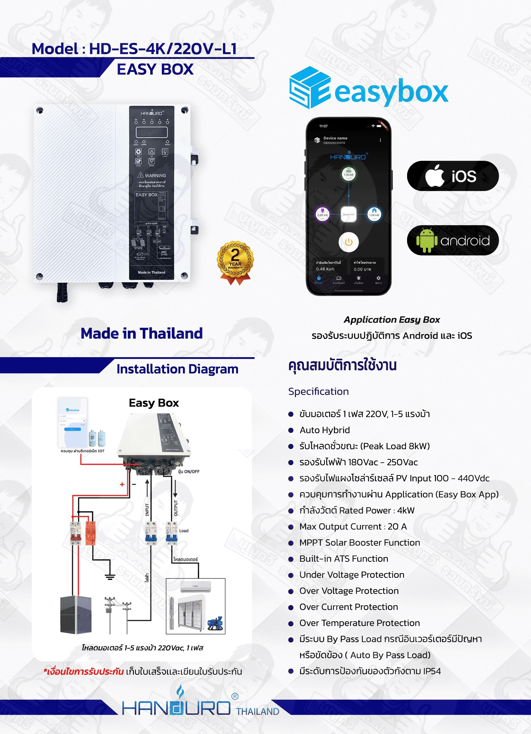 Handuro Easy Box ไฮบริดอินเวอร์เตอร์ 4KW 1Phase อินเวอร์เตอร์โซล่า ...