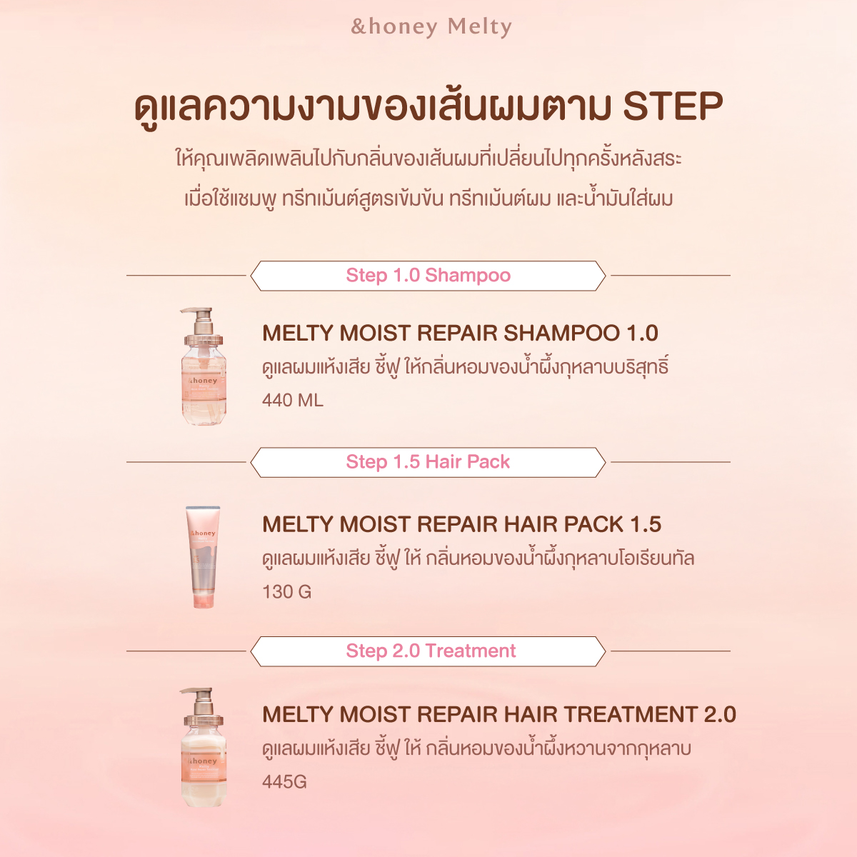 [MELTY 2 STEPS] &HONEY MELTY MOIST REPAIR SHAMPOO 440ML + TREATMENT 445G (แชมพู+ทรีทเม้นท์สูตร ...