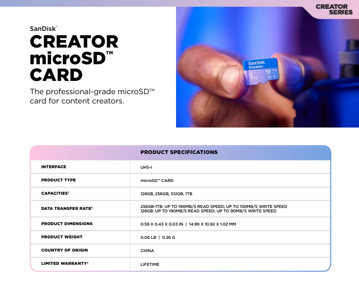 Sandisk Creator microSD Card 256GB 512GB 1TB (SDSQXAV-xxxG-GN6MS ...