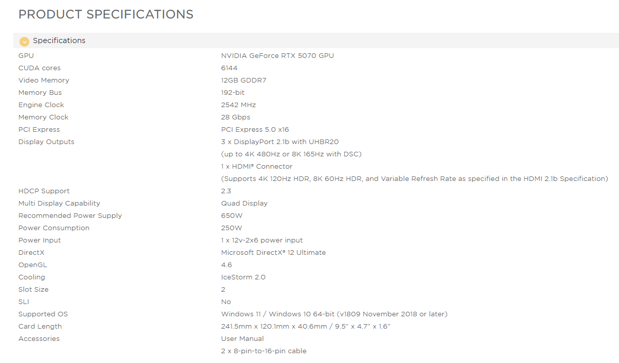 ZOTAC GAMING GEFORCE RTX 5070 TWIN EDGE OC 12GB GDDR7 (ZT-B50700H-10P ...