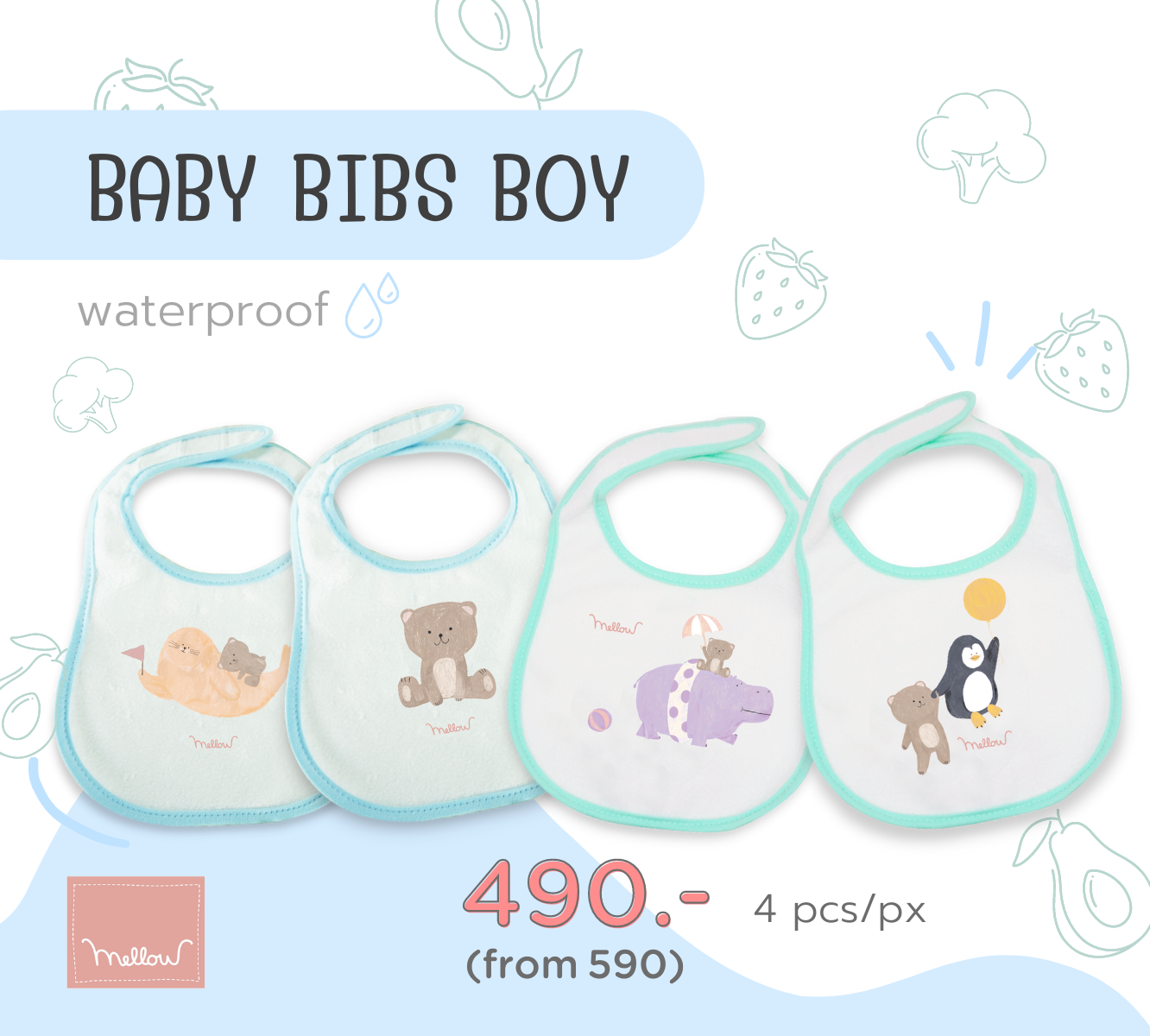 Mellow Baby Bib ผ้ากันน้ำลาย ผ้ากันเปื้อน กันน้ำ100% แบบมีตัวแปะยึด ...