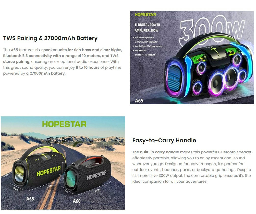 [ของแท้] HOPESTAR รุ่น A65 ลำโพง Bluetooth 300 วัตต์ กันน้ำ IPX7 ปรับ ...