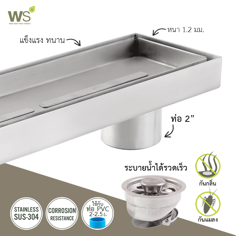 WS ตะแกรงกันกลิ่น รางระบายน้ำ ปูกระเบื้อง สแตนเลส304 Floor Drain TSD-C | Shopee Thailand