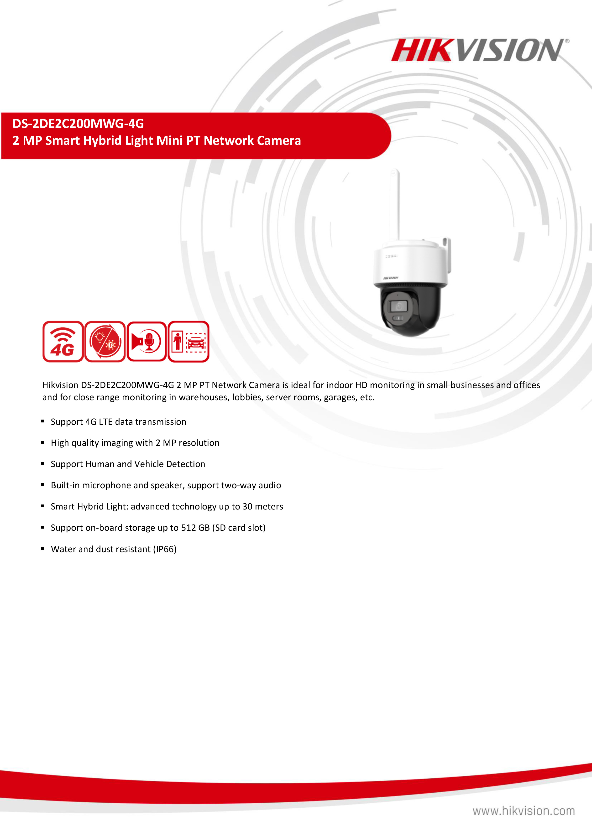 HIKVISION DS-2DE2C200MWG-4G (2.8mm.) กล้องวงจรปิด 4G ใส่ซิม 2 MP Smart Hybrid Light มีไมค์และ ...
