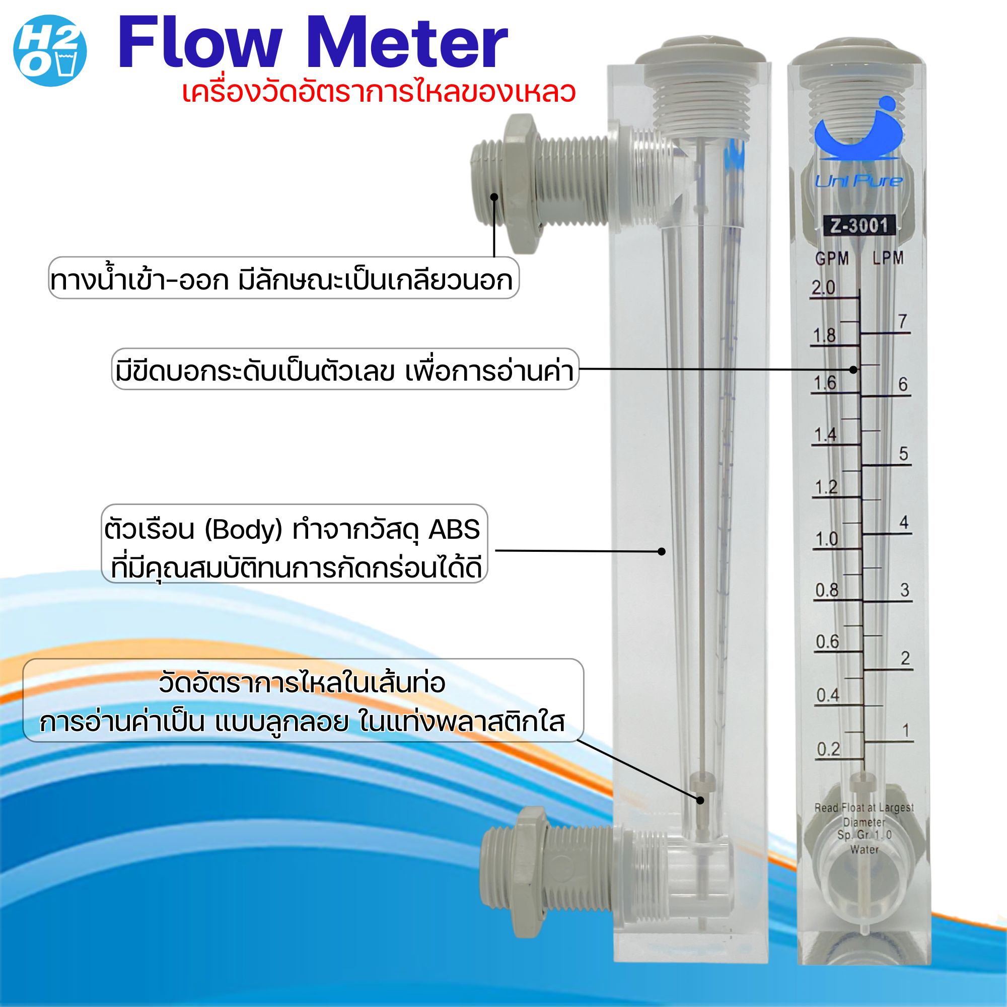 Unipure Flow Meter รุ่น Z-3001 Z-3002 Z-3003 ขนาดท่อ 1/2 , 3/4 นิ้ว ...