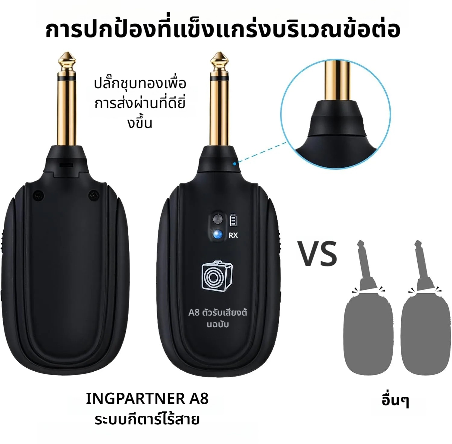 A8 UHF กีตาร์ระบบไร้สายเครื่องส่งสัญญาณในตัวแบตเตอรี่ 50M Original Sound Transmission Range ...